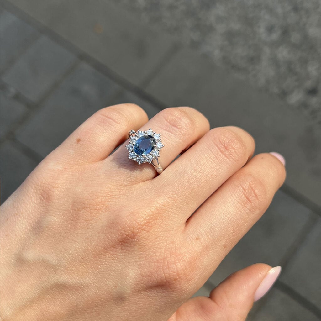 Halo Light Blue Oval Sapphire Ring - OROGEM Jewelers